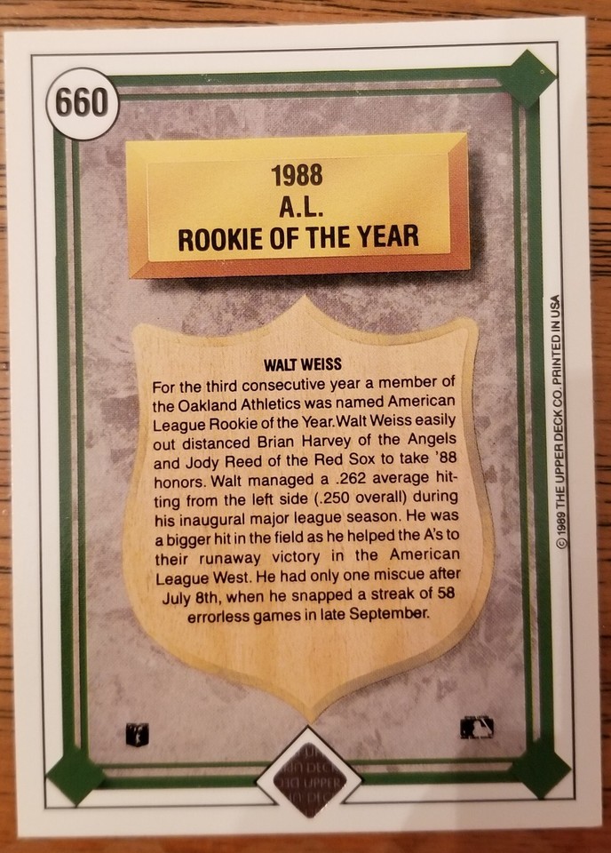 Walt Weiss Oakland Athletics 1989 Upper Deck Baseball Card #660 A.L.R.O ...