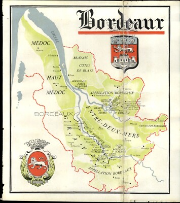 1947 Mini Poster French Wine AD COLOR MAP Bordeaux Medoc Graves Mahler ...