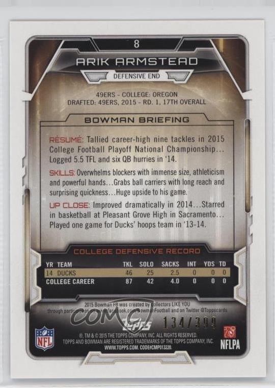 2015 Bowman Rookies Gold Rainbow Foil /399 Arik Armstead #8 RC | eBay