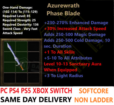 PC PS4 PS5 XBOX SWITCH Azurewrath Phase Blade Diablo 2 Resurrected ...