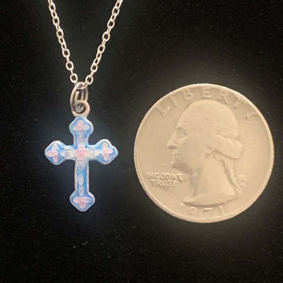 Vintage Mini Dainty Sterling Silver Enamel Cross Pendant Necklace Blue ...