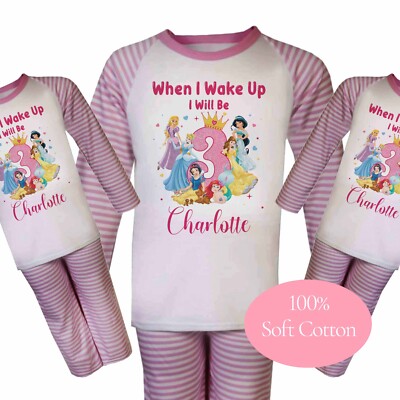 CHILDRENS Personalised BIRTHDAY Pjs*WHEN I WAKE UP * pink stripes ...