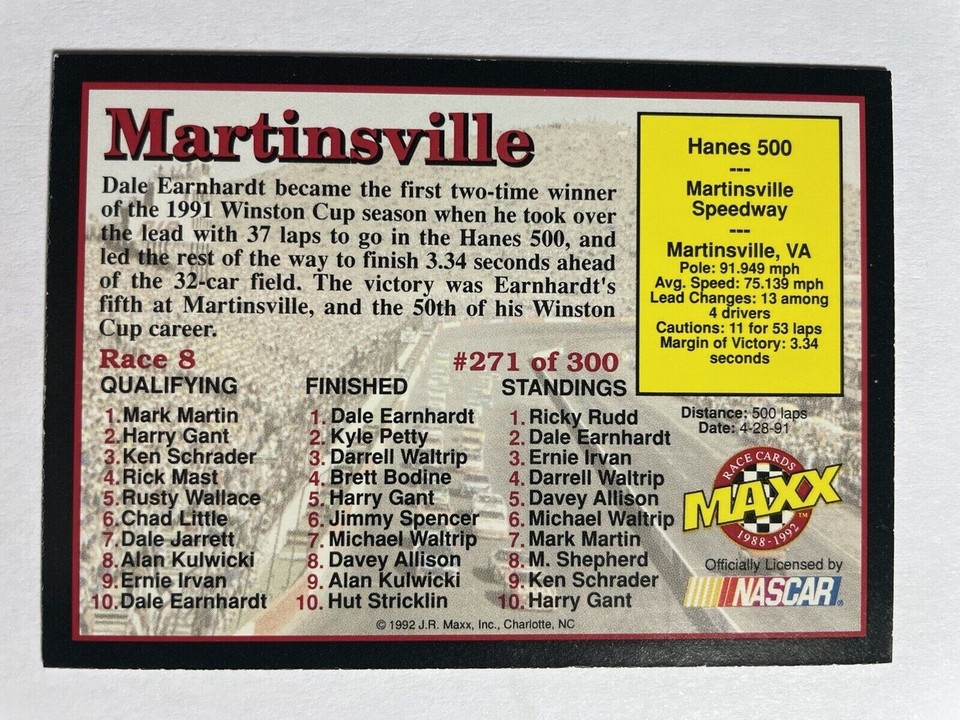 DALE EARNHARDT SR 1992 Black Maxx MARTINSVILLE WINNER NASCAR Racing ...