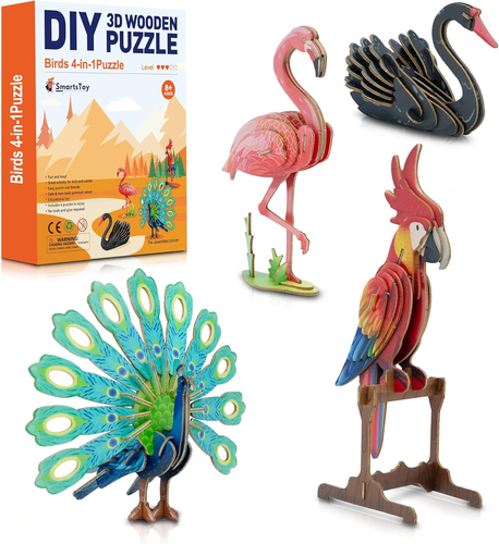 3D Wooden Puzzle – 4 Colorful Toy Birds for Kids Model Building Kits ...