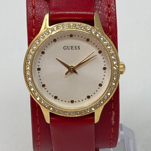 Guess Watch Women Gold Tone 31mm Red Leather Cuff Pave Crystal Bling ...