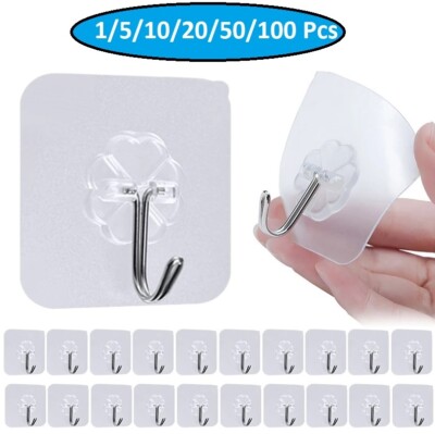 1-100 Coat Hooks Adhesive Strong Sticky Heavy Duty Wall Seamless ...