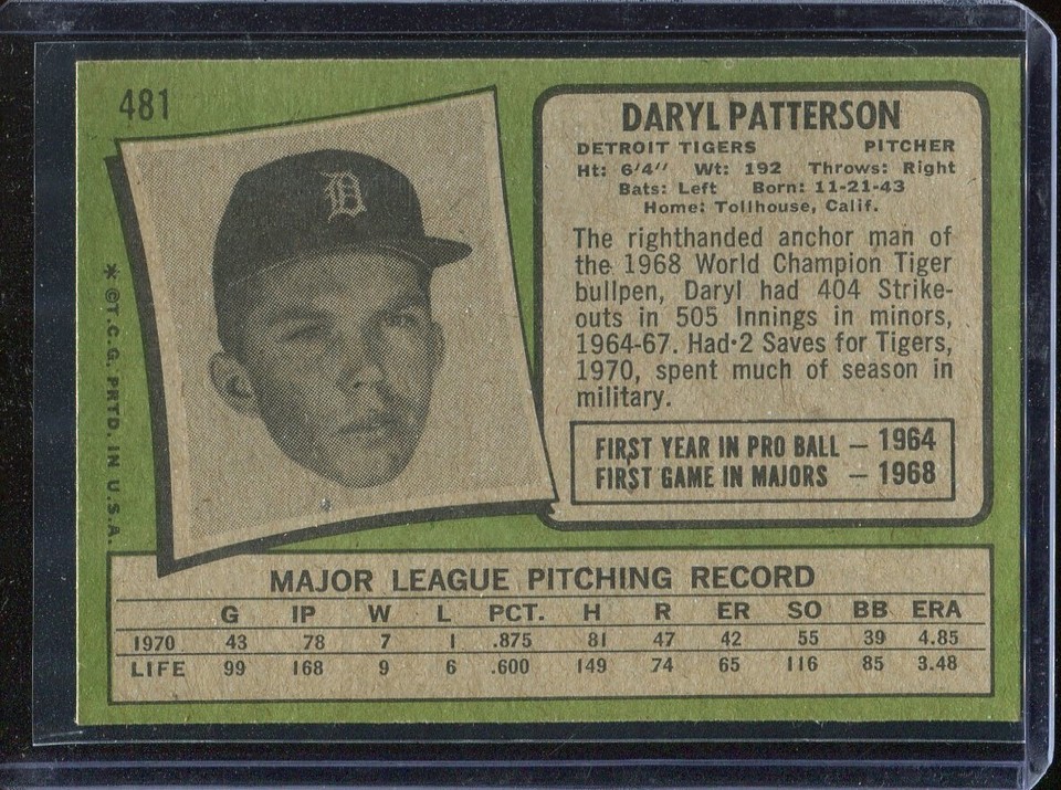 1971 Topps Baseball # 481 Daryl Patterson (NM+) Near Mint Plus | eBay