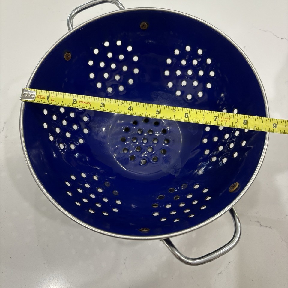 VTG Colander Cobalt Dark Blue Enamel Footed Chrome Double Handle ...