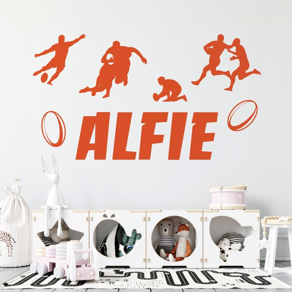 Personalised Name Boys Girls Wall Art Sticker - Sport Rugby Ball Game ...