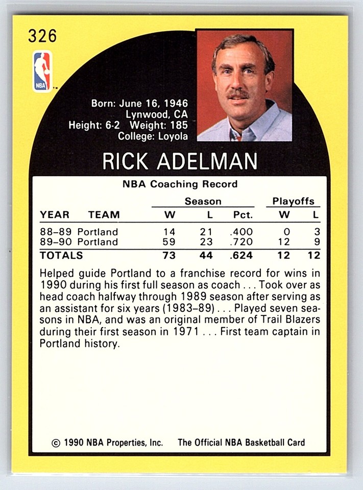 1990-91 Hoops #326 Rick Adelman Portland Trail Blazers | eBay