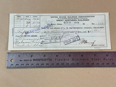 1918 Great Northern Railroad check - Fed Controlled USRA / WWI era ...