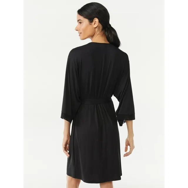 Joyspun Women’s Sleepwear Mesh Trim Knit Robe, Sizes L/XL Color: Black ...