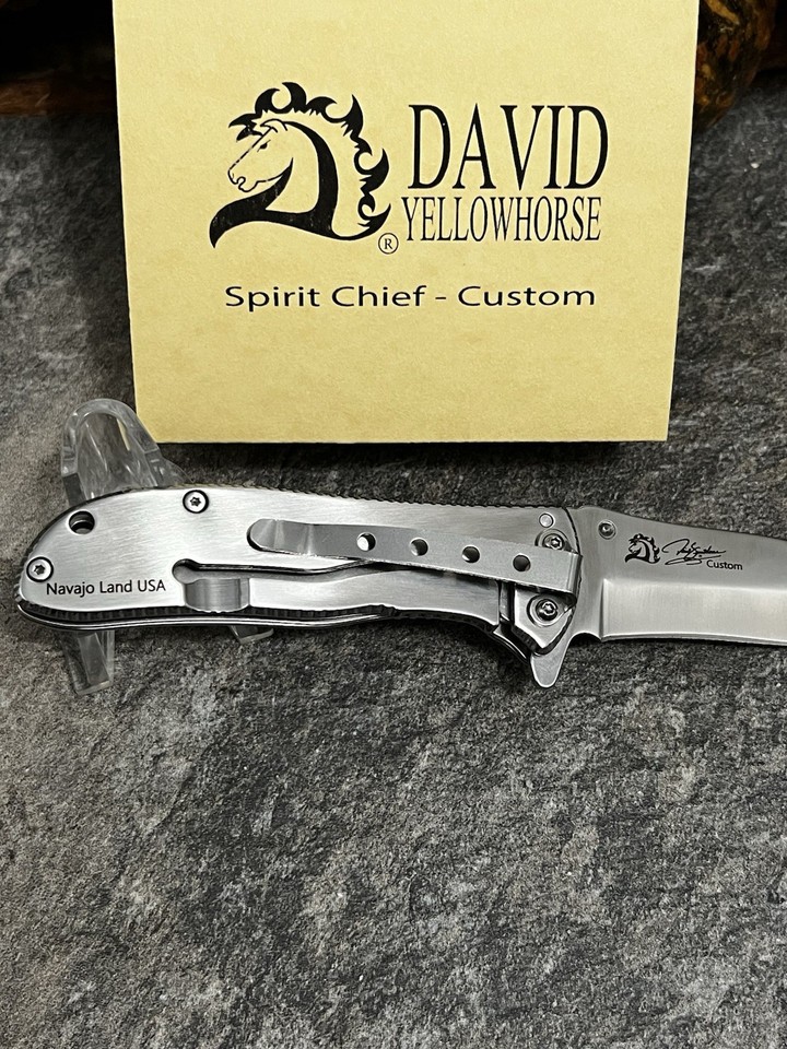 David Yellowhorse Custom Spring Assisted Engraved Spirit Chief Knife ...