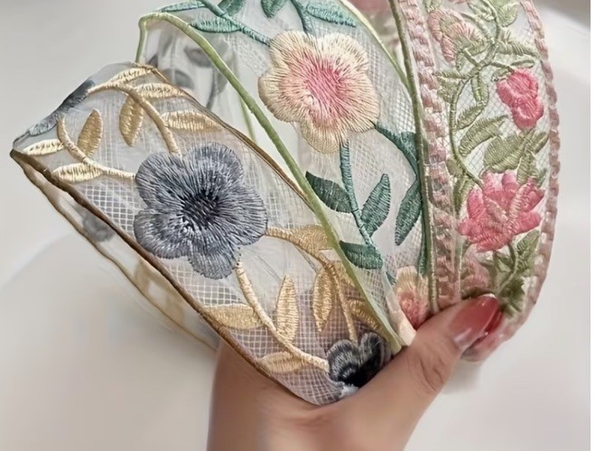 Vintage Retro Green And Pink Embroidered Lace Fabric Hair Band Headband ...