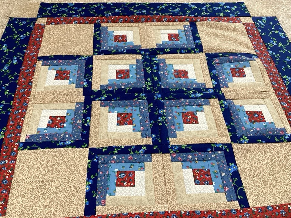 Log Cabin Blocks Made Into Ohio Star Quilt Top Red, Blue & Beige Colors ...