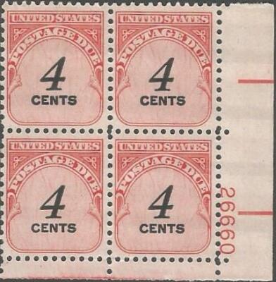 Plate Block of 4 stamps - Scott J92 - 4 cent - Postage Due - 1959 - MNH ...