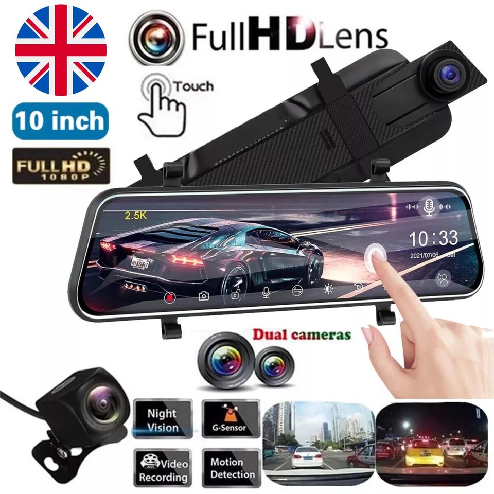 10'' Car Dash Camera Front and Rear View Mirror Reverse Camera DVR HD ...