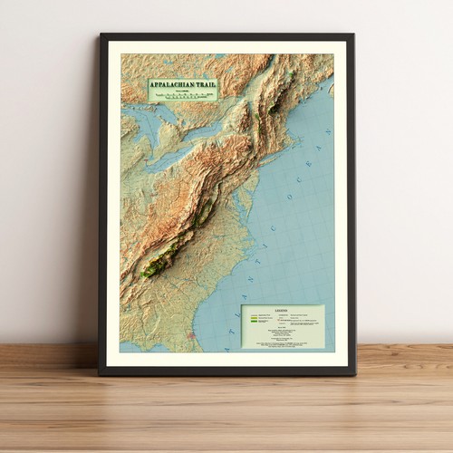 Appalachian Trail Map, Appalachian 2D Relief Map - 2D Flat Print | eBay
