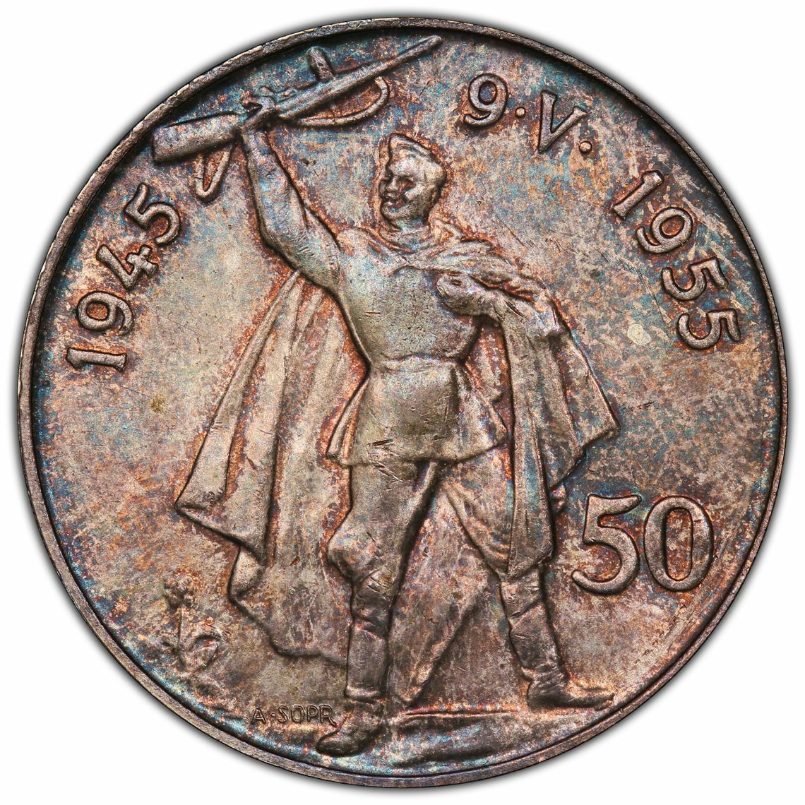 Czechoslovakia 1955 50 Dedication Korun PCGS Scarce MS64 P Beautiful Toning czechoslovakia-1955-50-dedication-korun-pcgs-scarce-ms64-p-beautiful-toning