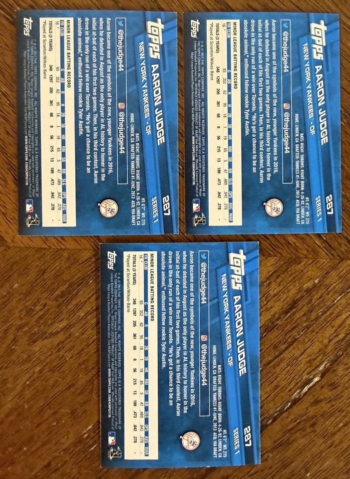 2017 TOPPS AARON JUDGE ROOKIE RC BASEBALL CARD #287 LOT OF 3 CARDS READ ...