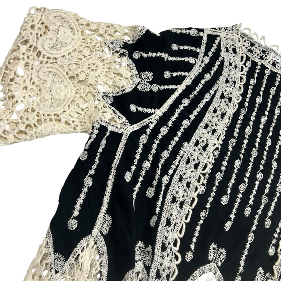 London Kaye Black Embroidered Open Front Kimono Cardigan Crochet Lace ...