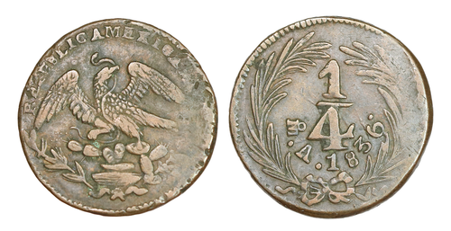 F291, Mexico, Federal Coinage, 1/4 Real 1836 "Quarto/Quartilla" Mexican ...