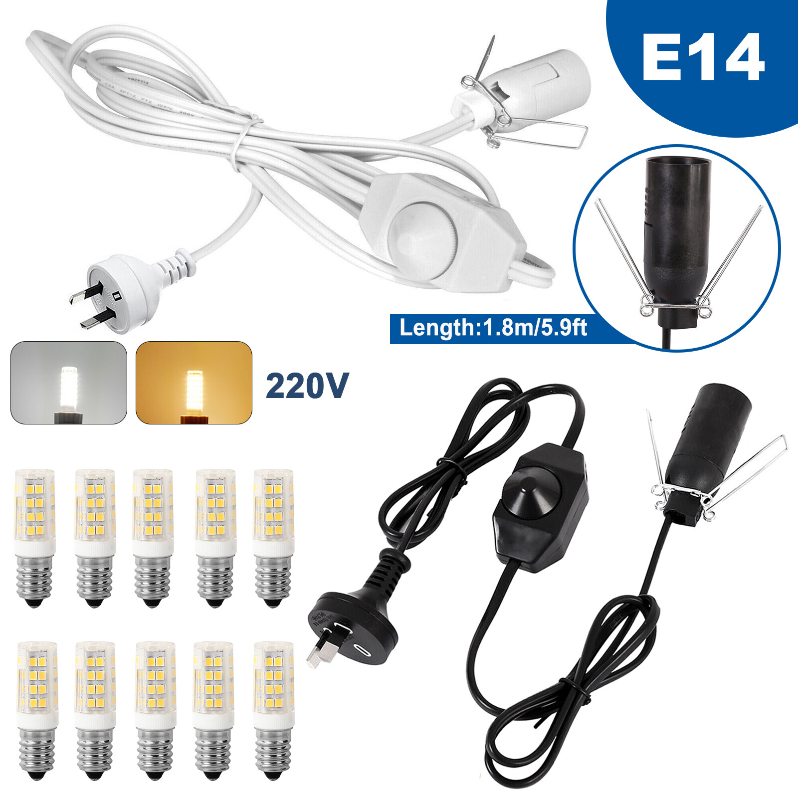 7/9/10W E14 LED Bulb With 1.8m Salt Lamp Power Cord Cable 1.8m Dimmer ...