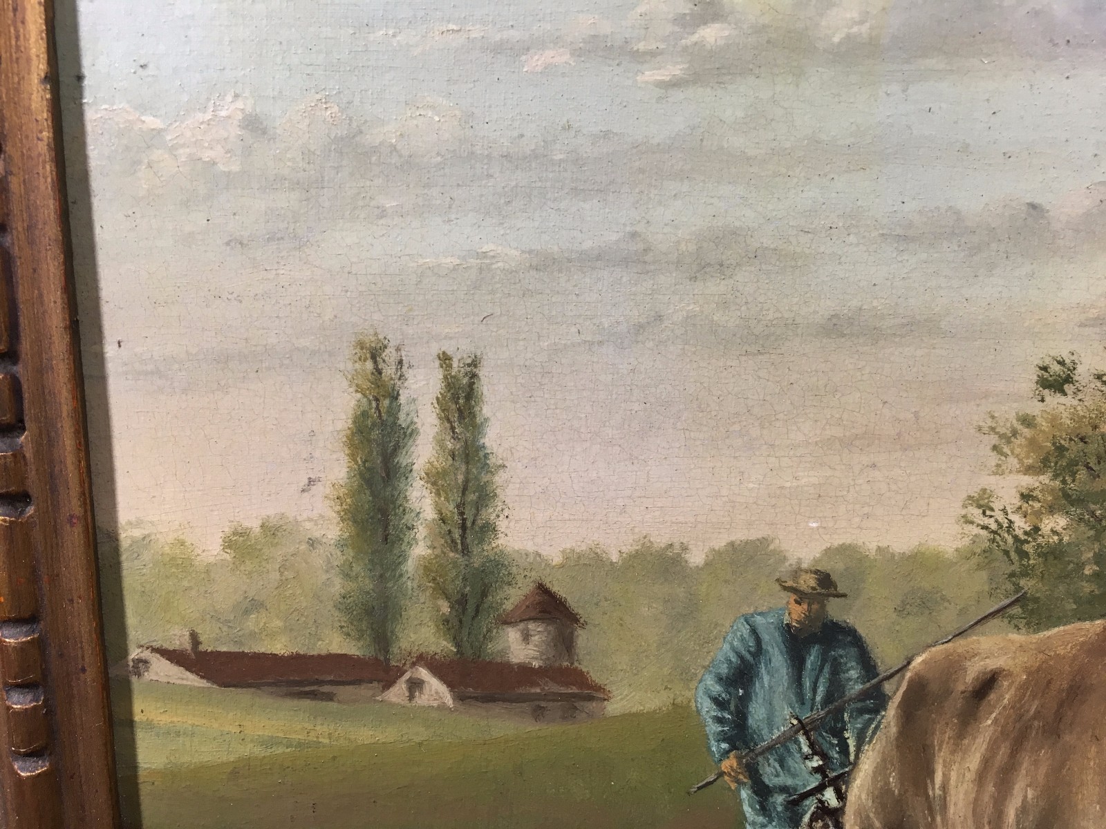 SCÈNE AGRICOLE 19èm tableau ancien peinture France vache bœuf charrue ...