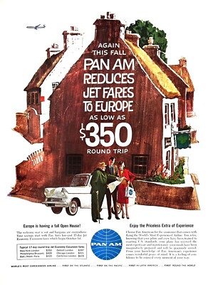 1961 PAN AM AIRLINES Large Vintage Print Ad Jet to Europe Pan American ...