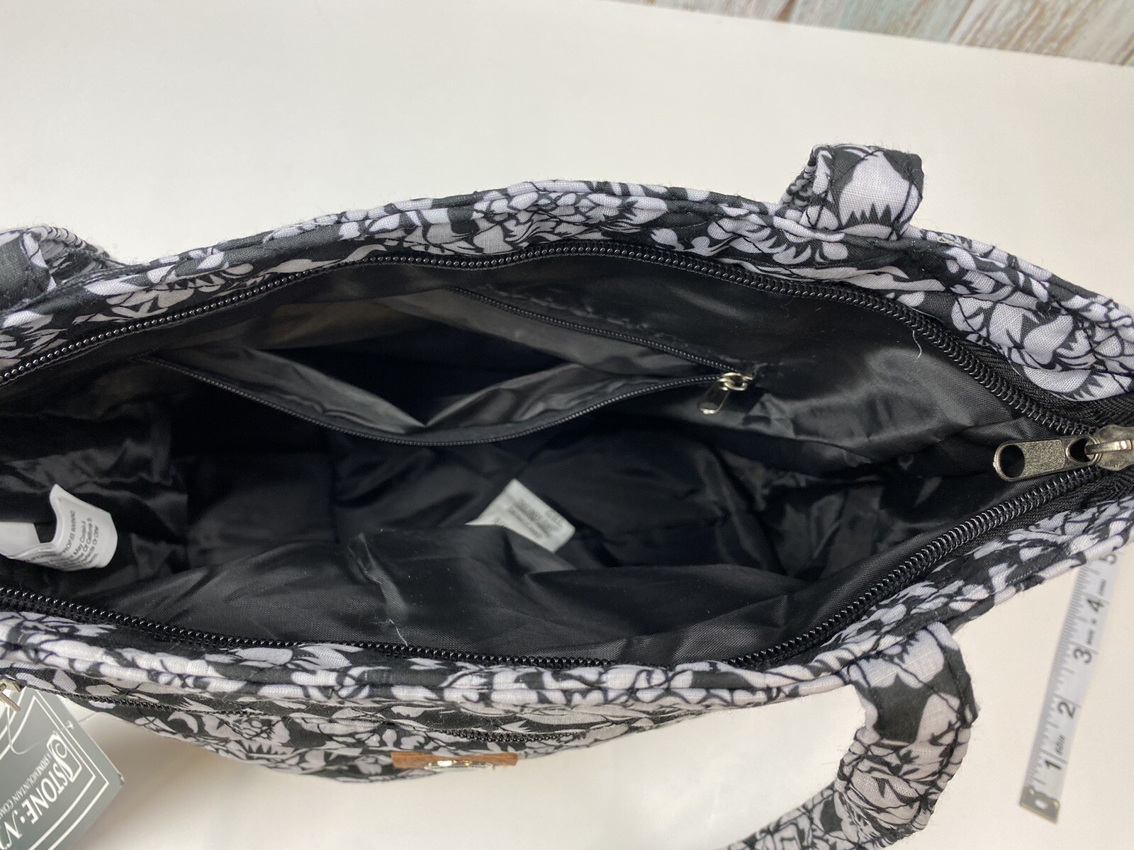 Stone NY Quilted Handbag Purse Black White Floral Faux Leather Base ...