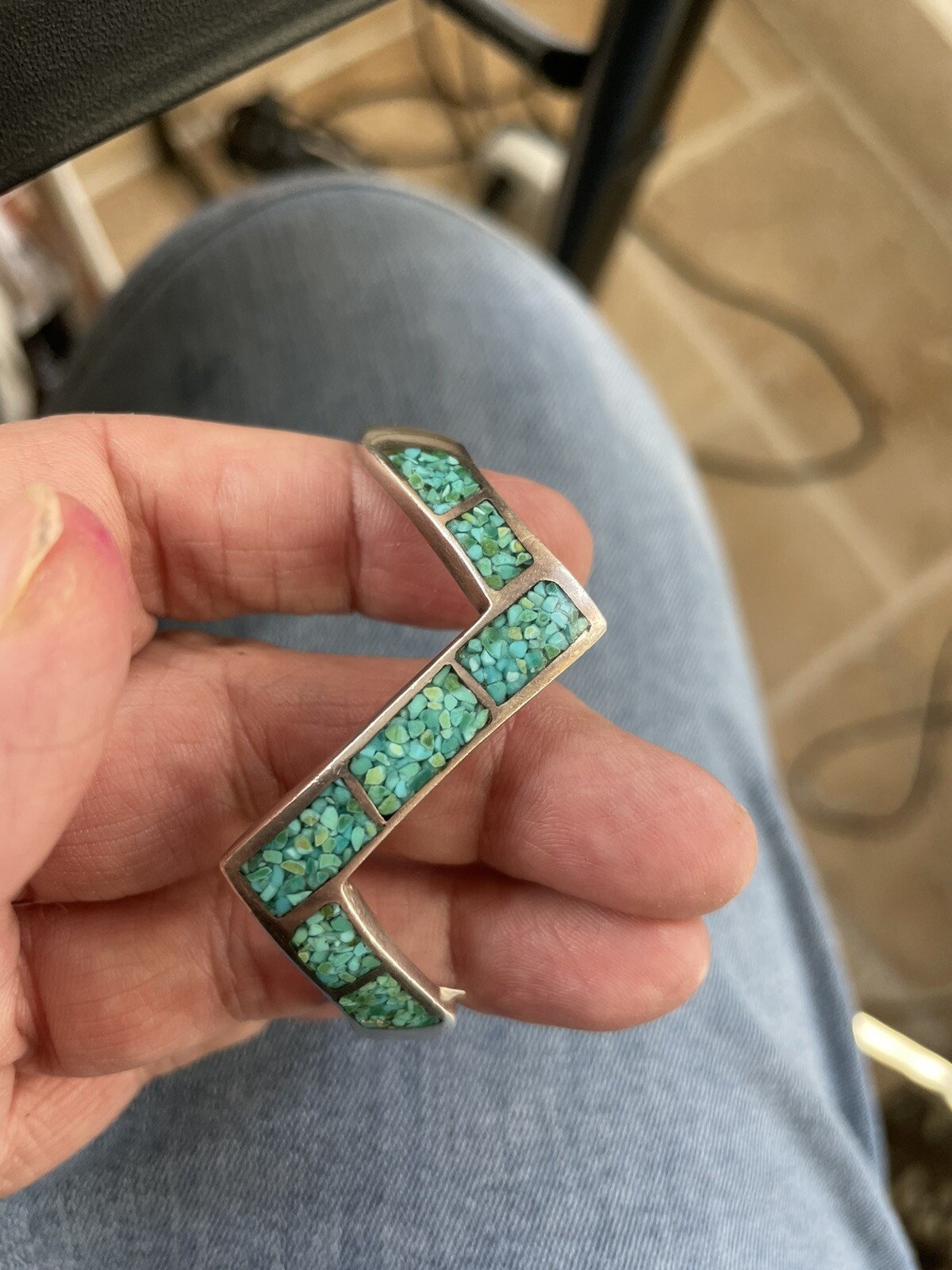 1960-70s Native Sterling Chip Inlay Zig ZaG Lightning Turquoise 28.03g ...