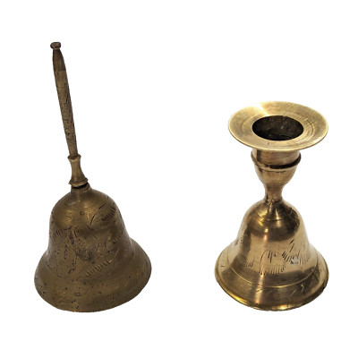 2 Brass Bells Clappers Work 3.5" Candle Stick 5" Nightstand Bed Bell ...