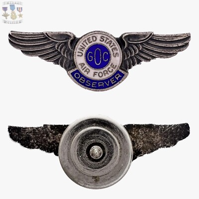 WWII US AIR FORCE GROUND OBSERVER CORPS LAPEL PIN WINGS SCREW-BACK 1-1/ ...