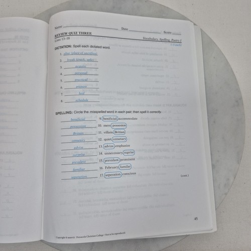 Abeka Spelling Vocabulary Poetry I / Teacher Key and Quiz Key / 7th ...