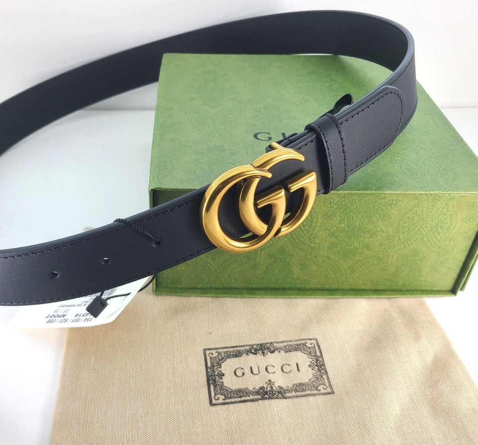 New Authentic Slim Black Leather Gucci Belt w/ Small Gold Buckle 90/36 ...