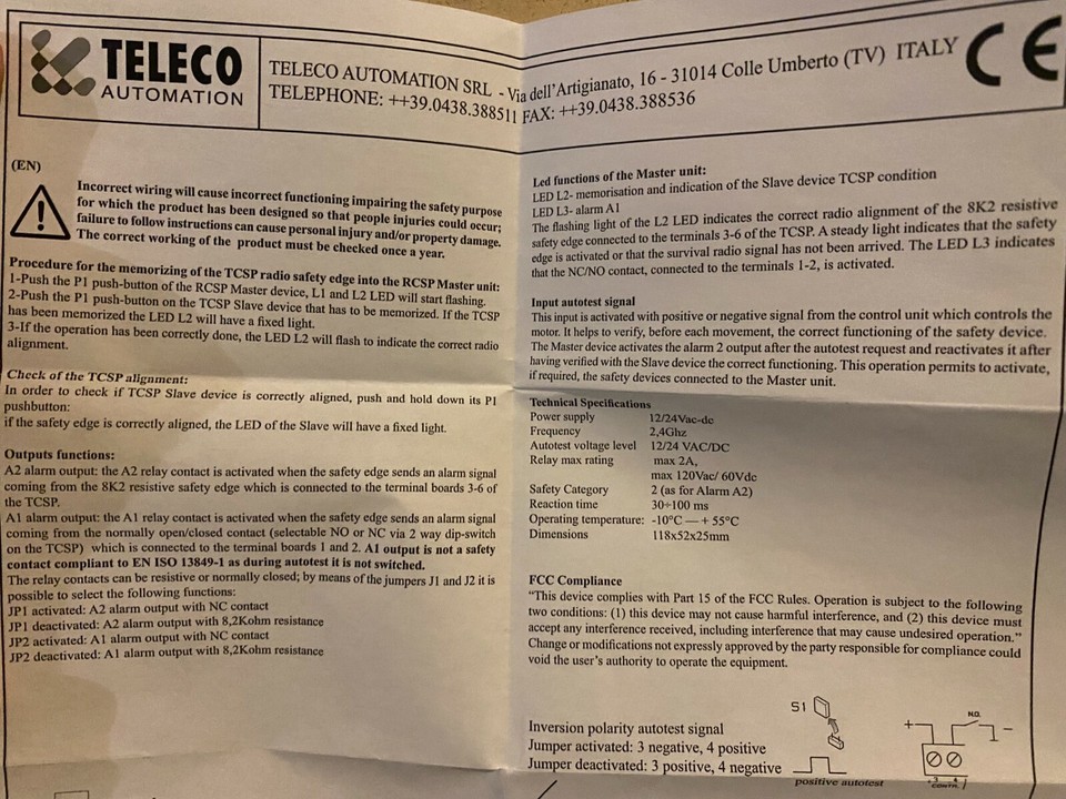 TELECO AUTOMATION RCSP240A04ALB RADIOSAFE MASTER UNIT 2.4Ghz 12/24V ...