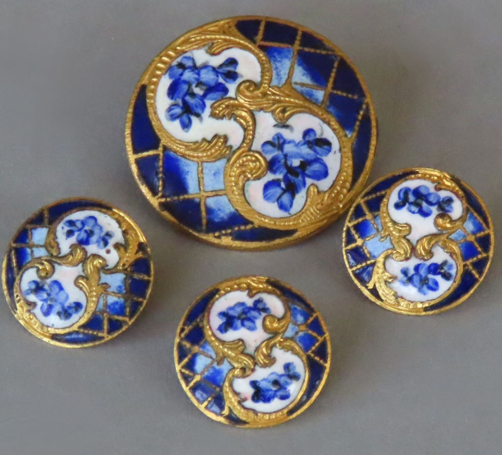 Set 4 Antique FRENCH BUTTONS 1/2" - 15/16" Champleve + HP Enamel BLUE ...