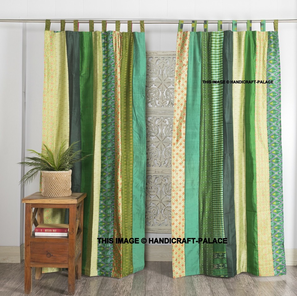 2 Pcs Indian Vintage Sari Patchwork Curtain Drape Window Decor Silk ...