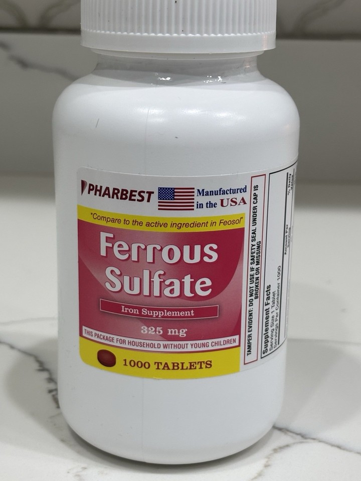 Pharbest Ferrous Sulfate Iron Supplement 325 mg, 1000 Tabs, Exp. 01/26 ...