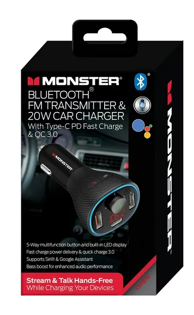 Monster LED Type-C USB-a FM Transmitter, Features Dual Charging, 4.75 x ...