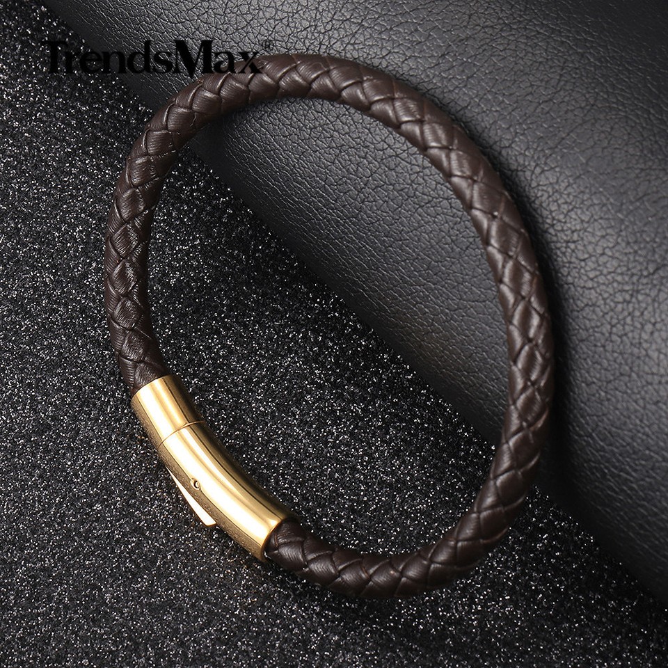 6mm For Men Women Braided Leather Rope Bracelet Stainless Steel Gold ...