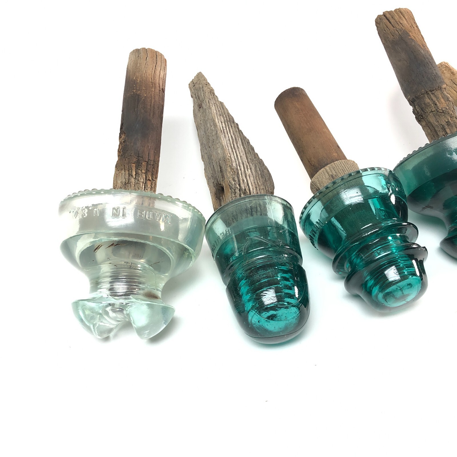 Vintage pole glass insulator set with wood pegs | eBay