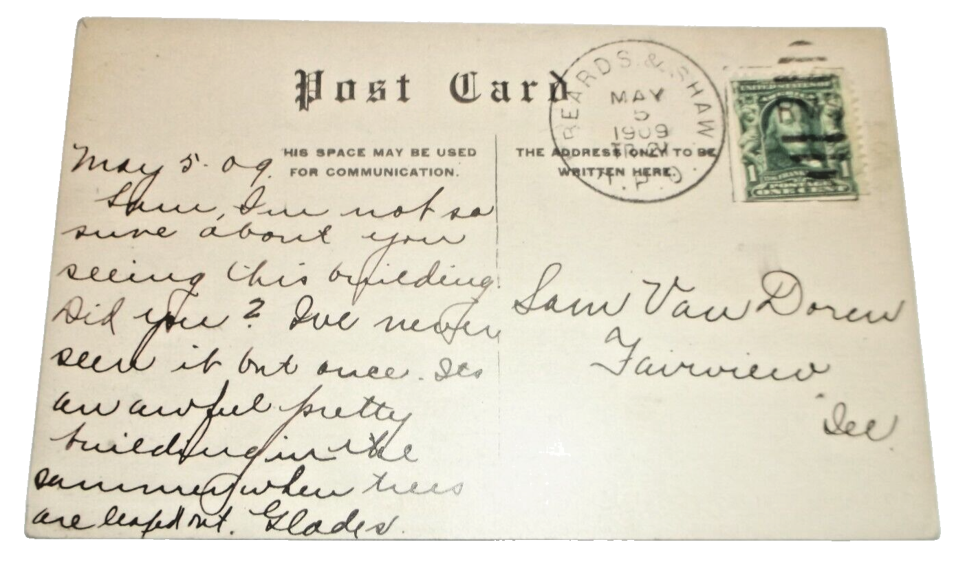 1909 BURLINGTON CB&Q BEARDSTOWN AND SHAWNEE TRAIN #21 RPO HANDLED POST ...