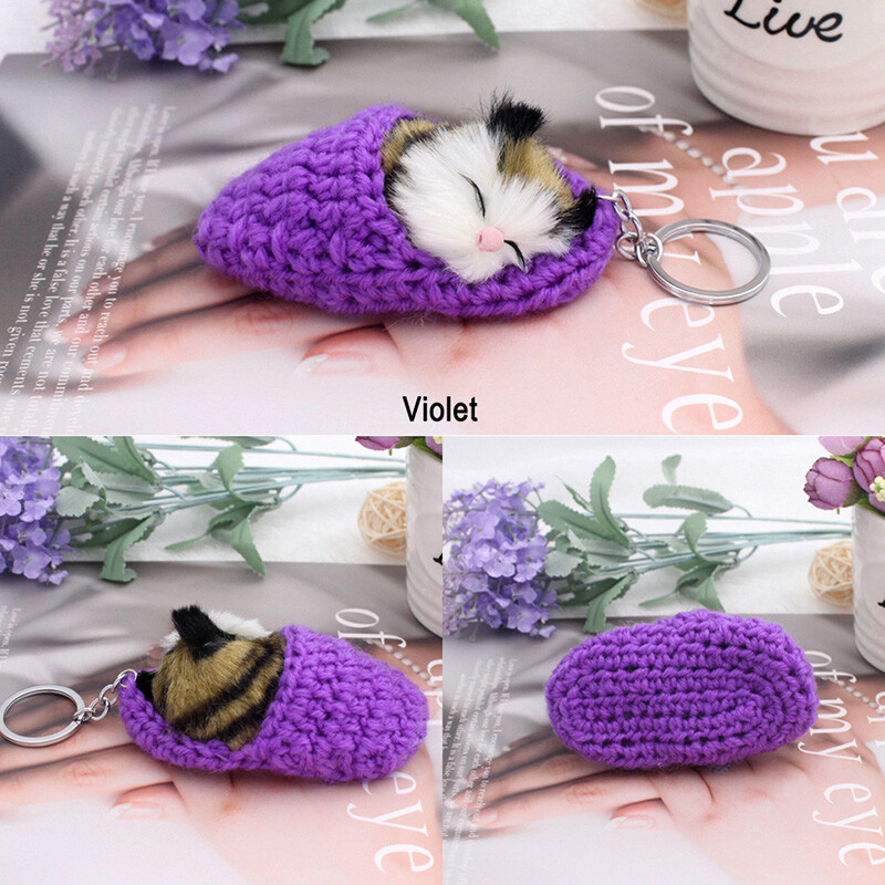 Cute Sleeping Cat Pompom Keychains Rings Car Fluffy Chains Key Kitten ...