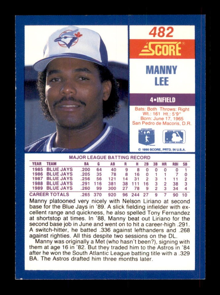 1990 Baseball Score Manny Lee Toronto Blue Jays #482 | eBay