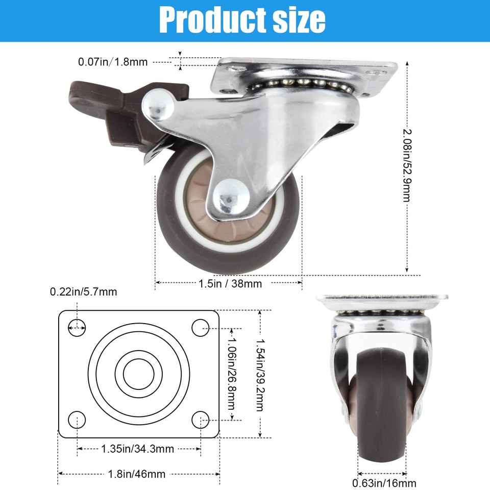 1.5 Inch Caster Wheels Castor with Brake 360 Degree Rotation Top Plate ...