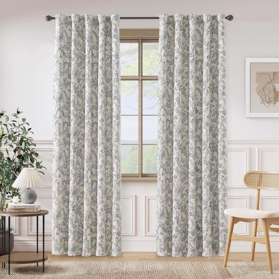 Blue Floral Lined Curtains Farmhouse Linen 84 Inches Length Back Tab ...