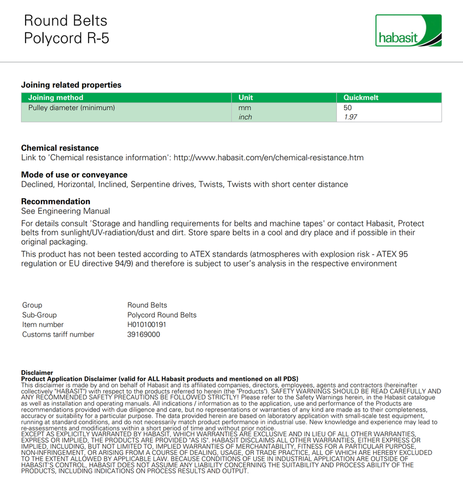 Habasit R5 Green Round PolyCord Power Transmission Belt 20MM W 10M L ...