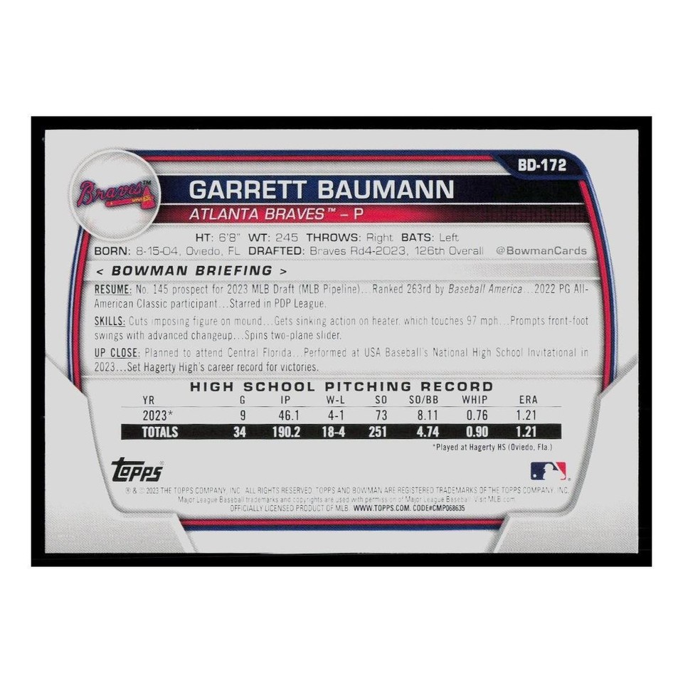 2023 Bowman Draft #BD-172 Garrett Baumann Rookie Atlanta Braves ...