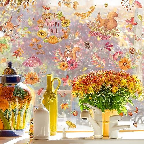 6 Sheet Fall Window Clings Decals Autumn Leaves Squirrel Window ...